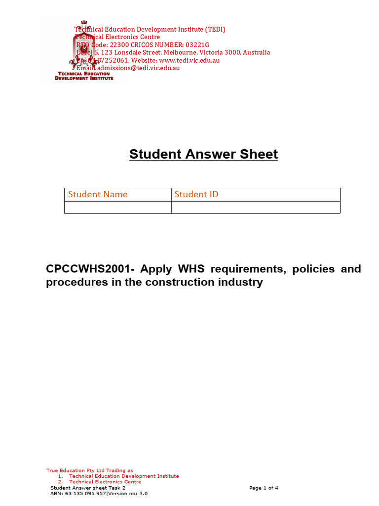 Student Answer Sheet: CPCCWHS2001-Apply WHS Requirements, Policies and ...
