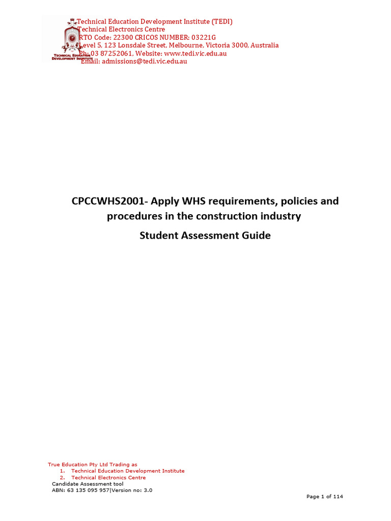 WHS Assessment Guide for CPCCWHS2001 | PDF | Risk | Personal Protective ...
