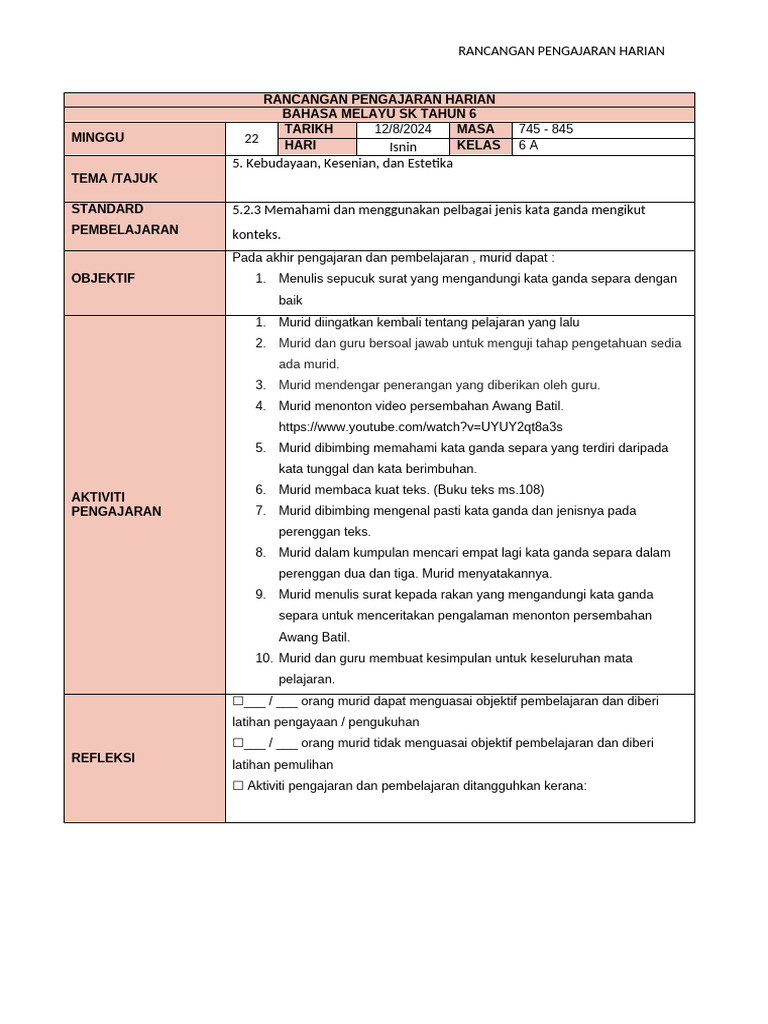RPH Ringkas Minggu 22 BM SK THN 6 2024 by Cikgu Gorgeous | PDF