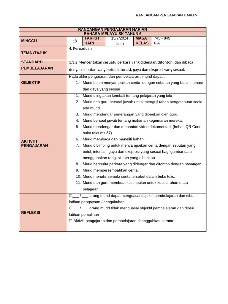 RPH Ringkas Minggu 18 BM SK THN 6 2024 by Cikgu Gorgeous | PDF