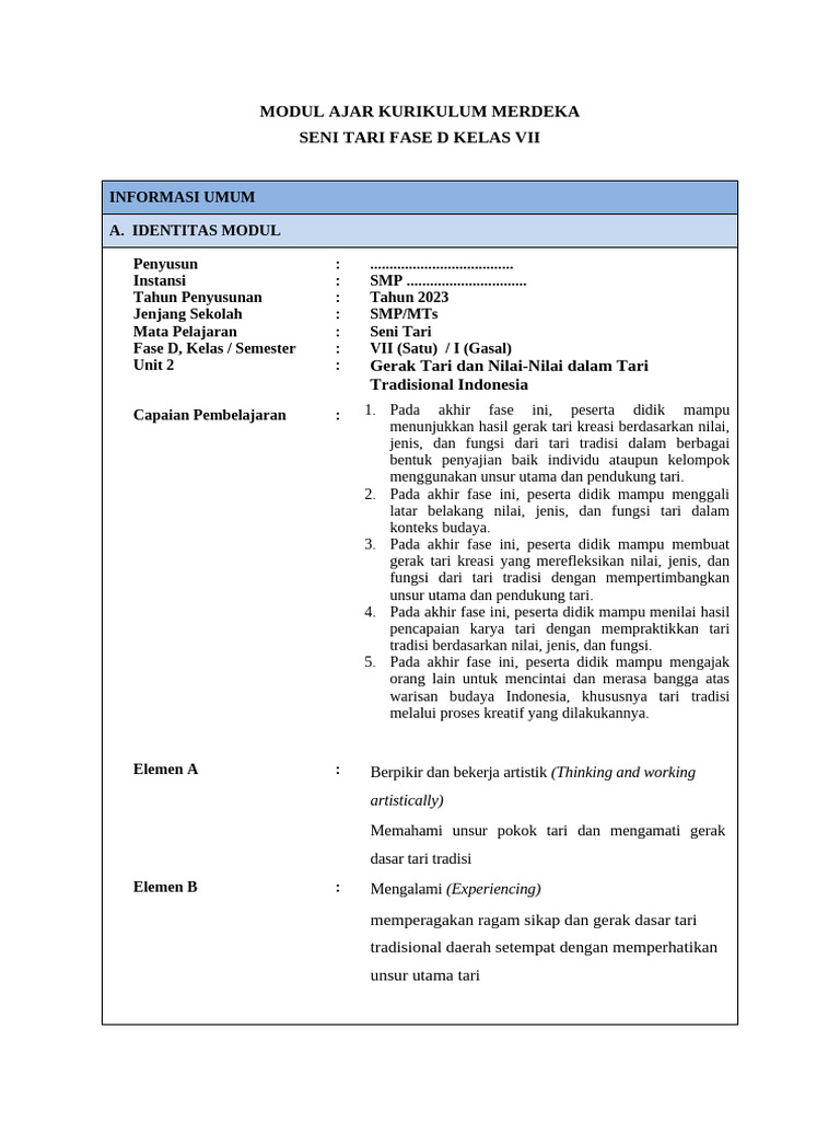 Tari 7 - Modul Ajar Unit 2 | PDF