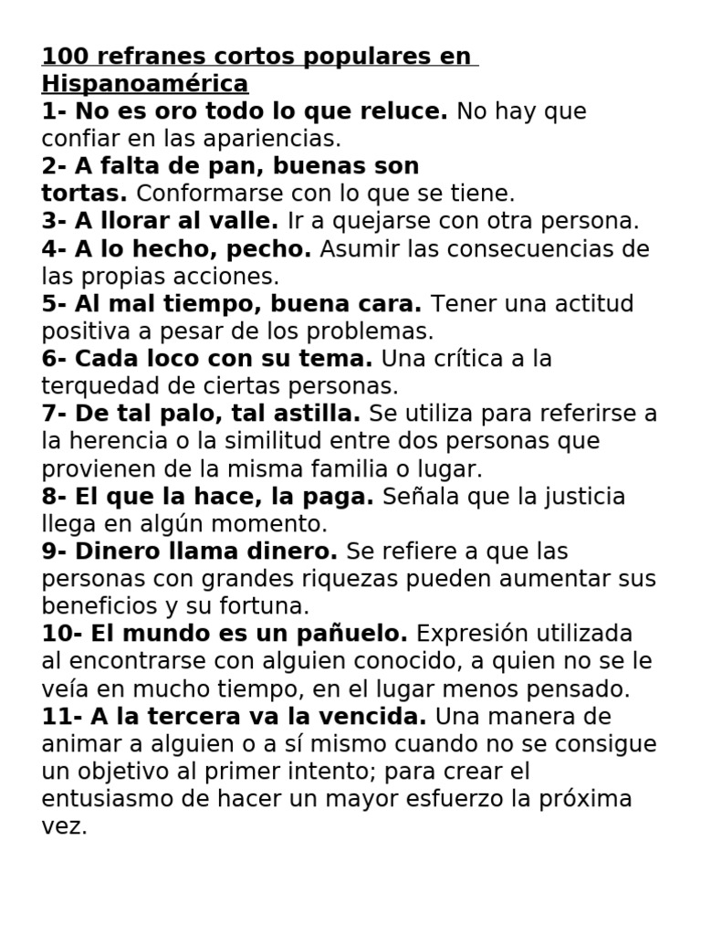 100 Refranes Cortos Populares | PDF