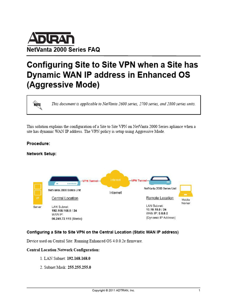Configuring A Site To Site VPN With A Dynamic IP On The NetVanta 2000 UTM Series | PDF