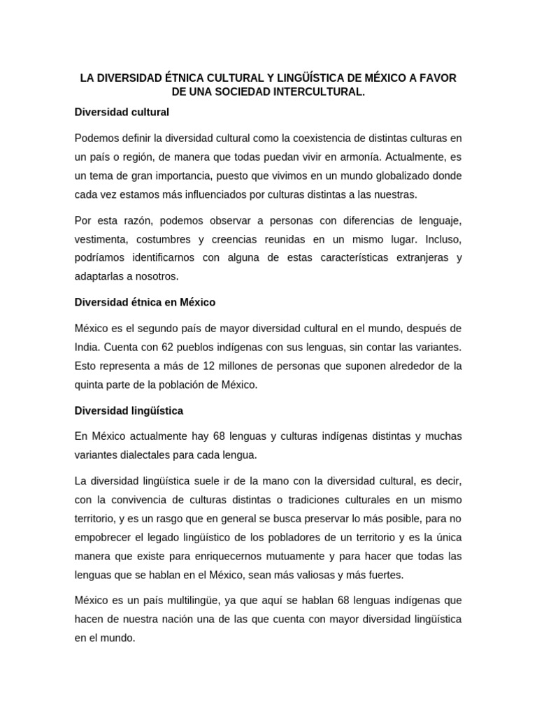 La Diversidad Étnica Cultural y Lingüística de México A Favor de Una ...