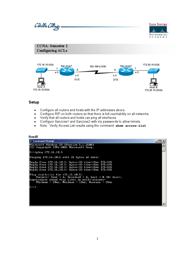 Configuring ACLs for CCNA Semester 2 | PDF | Internet Standards ...