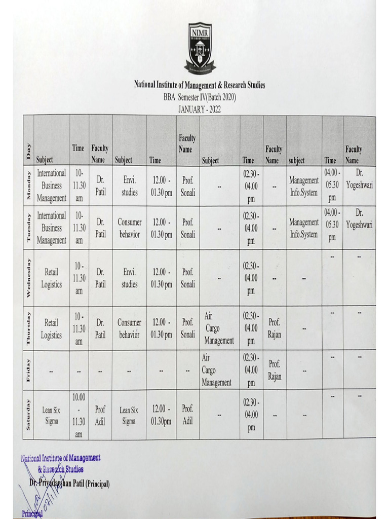BBA Sem IV Jan-2022 (Batch2020) Timetable | PDF