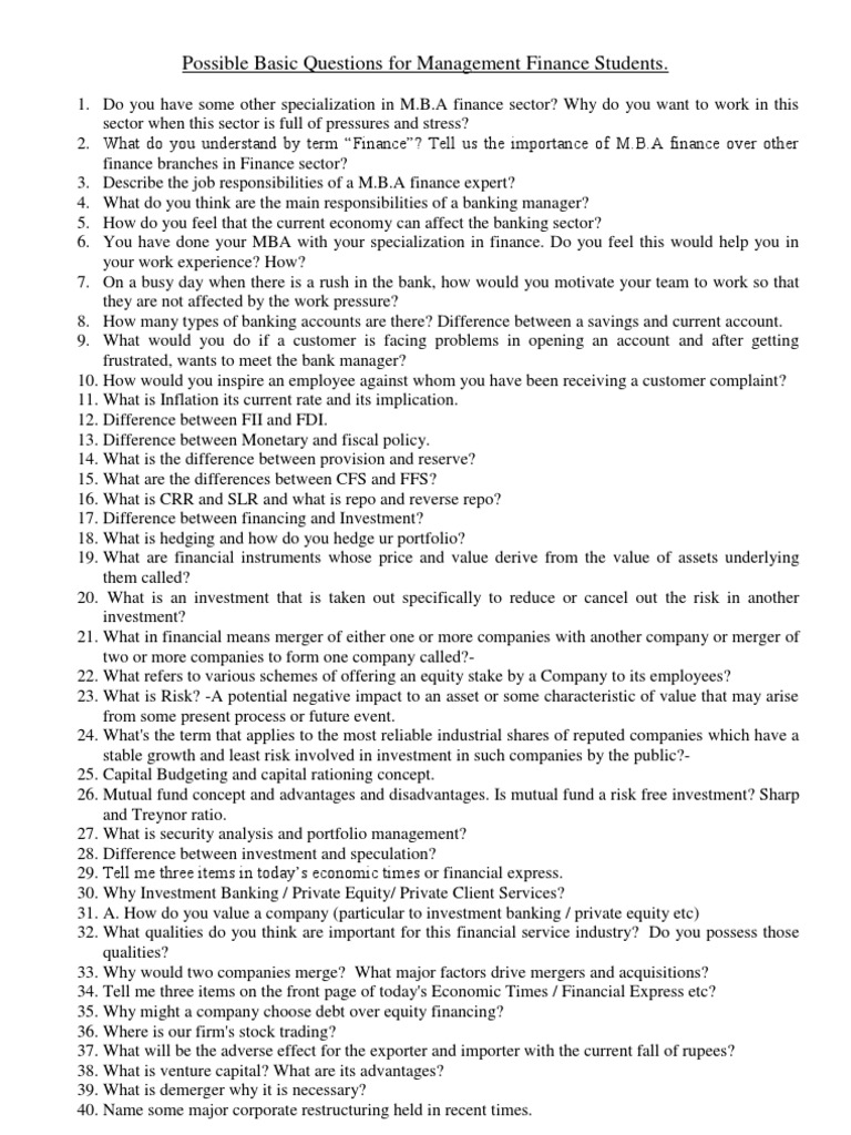 Possible Basic Questions For Management Finance Students | PDF ...