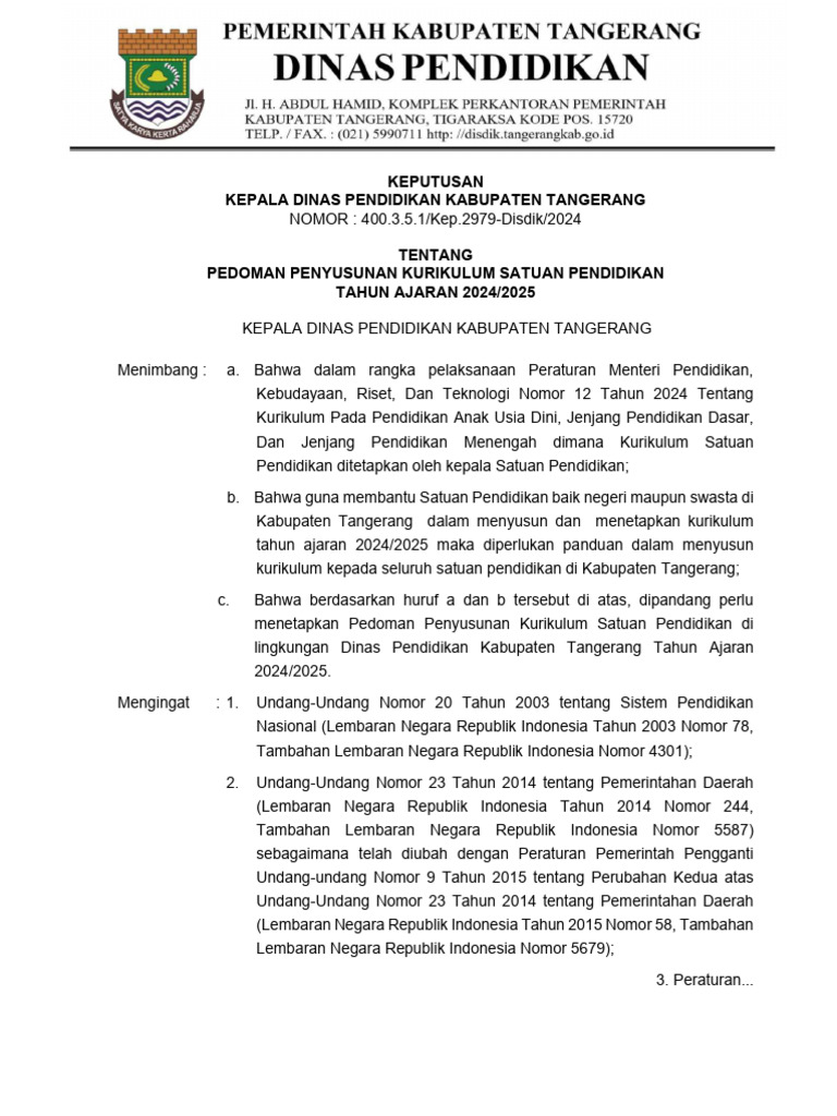SK Pedoman Penyusunan Kurikulum Satuan Pendidikan 2024-2025 | PDF