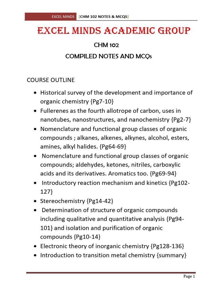Excel Minds CHM 102 Compendium With Questions | PDF