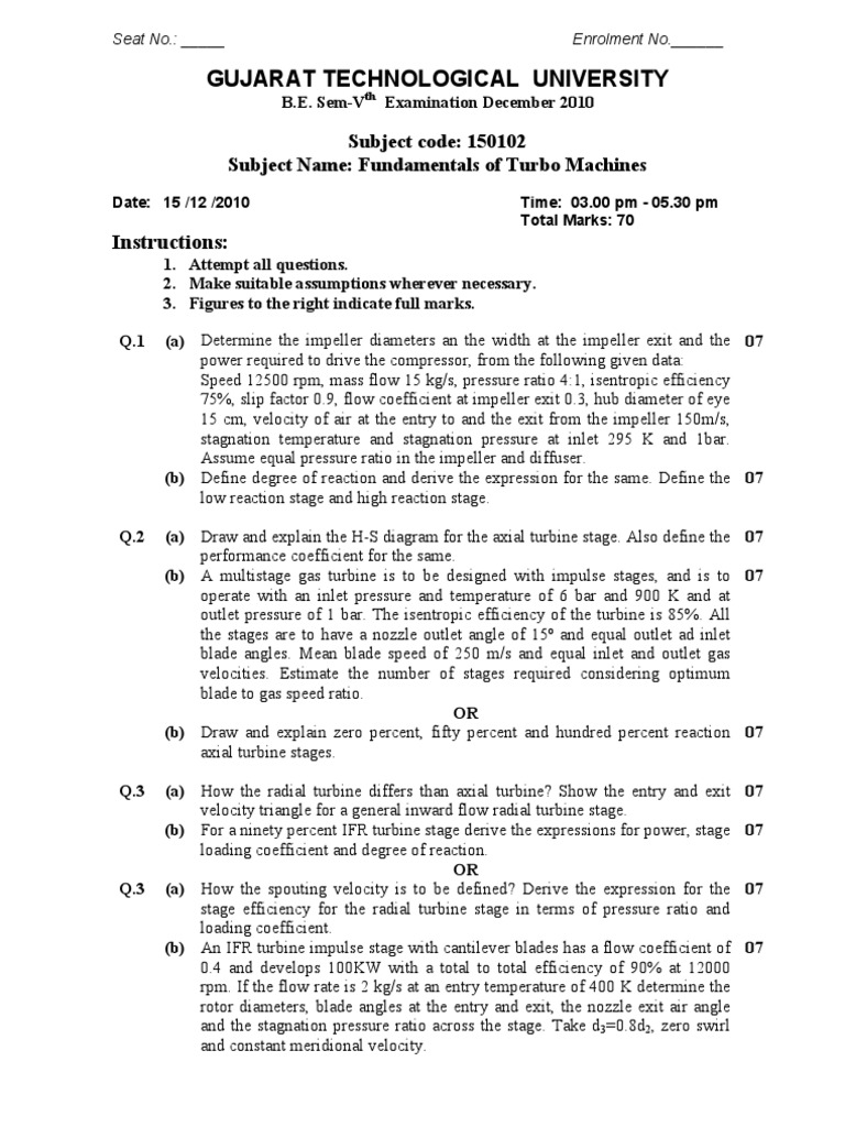 Turbo Machines Exam Paper - Dec 2010 | PDF | Turbine | Chemical Equipment