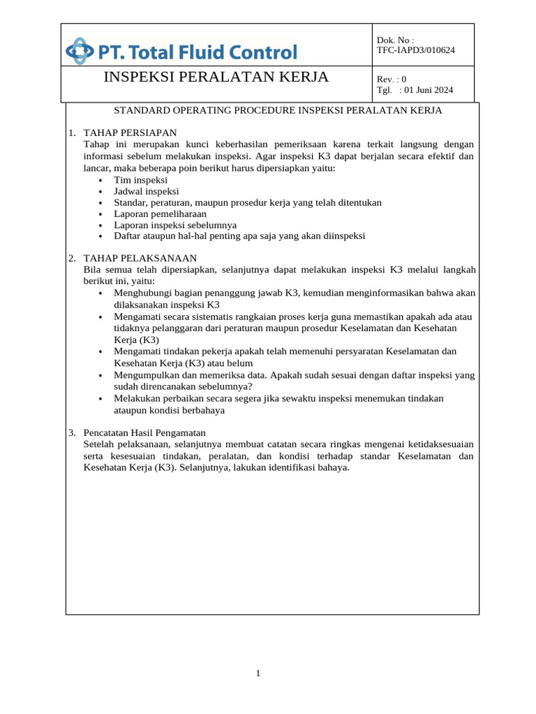 SOP Inspeksi Peralatan Kerja | PDF