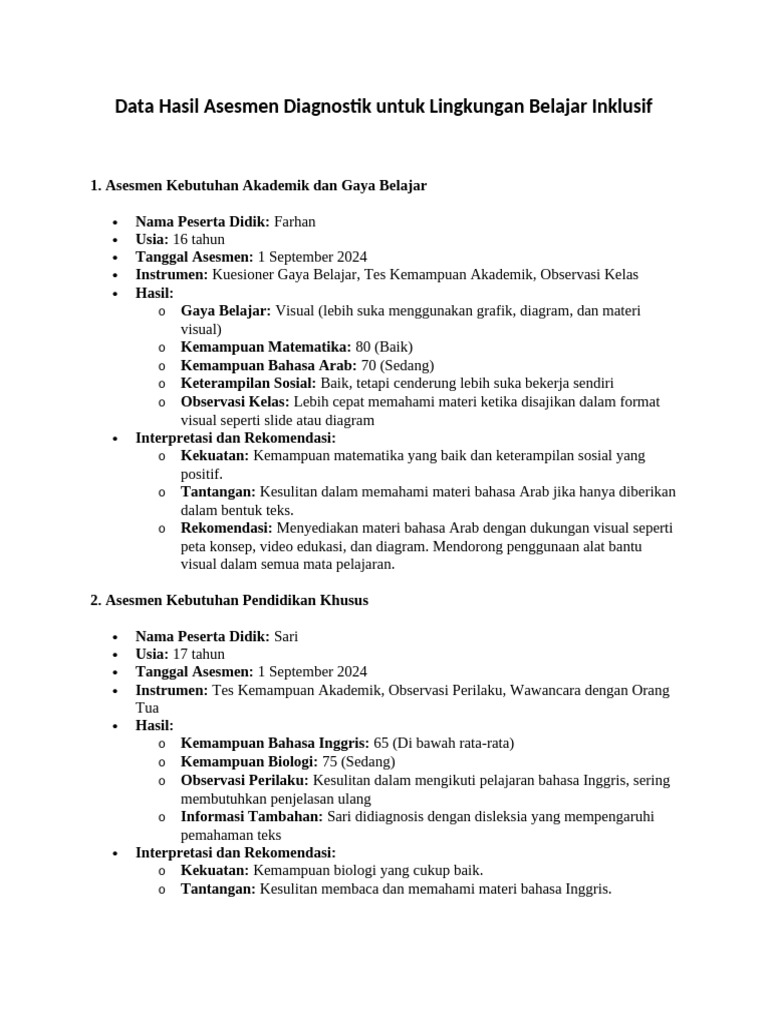 Data Hasil Asesmen Diagnostik Untuk Lingkungan Belajar Inklusif | PDF