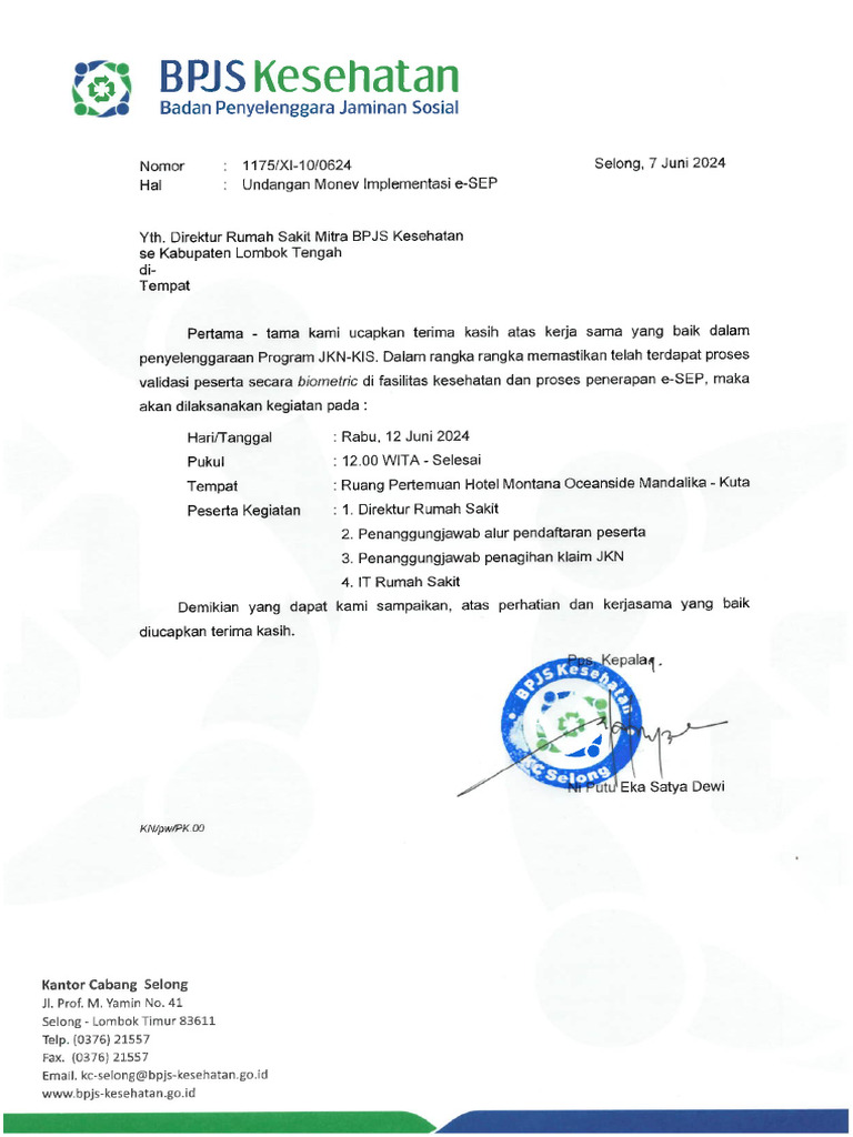 1175 Undangan Monev Implementasi ESEP Kab Loteng | PDF