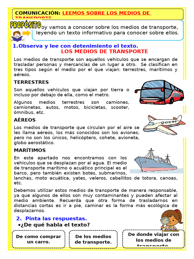U5 S5 FICHA D1 COM LEEMOS SOBRE LOS MEDIOS DE TRANSPORTE | PDF