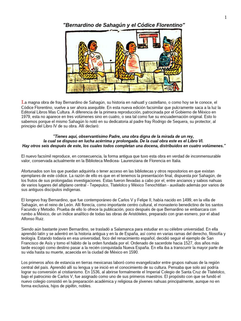 Bernardino de Sahagún y El Códice Florentino | PDF | Náhuatl | Clásicos