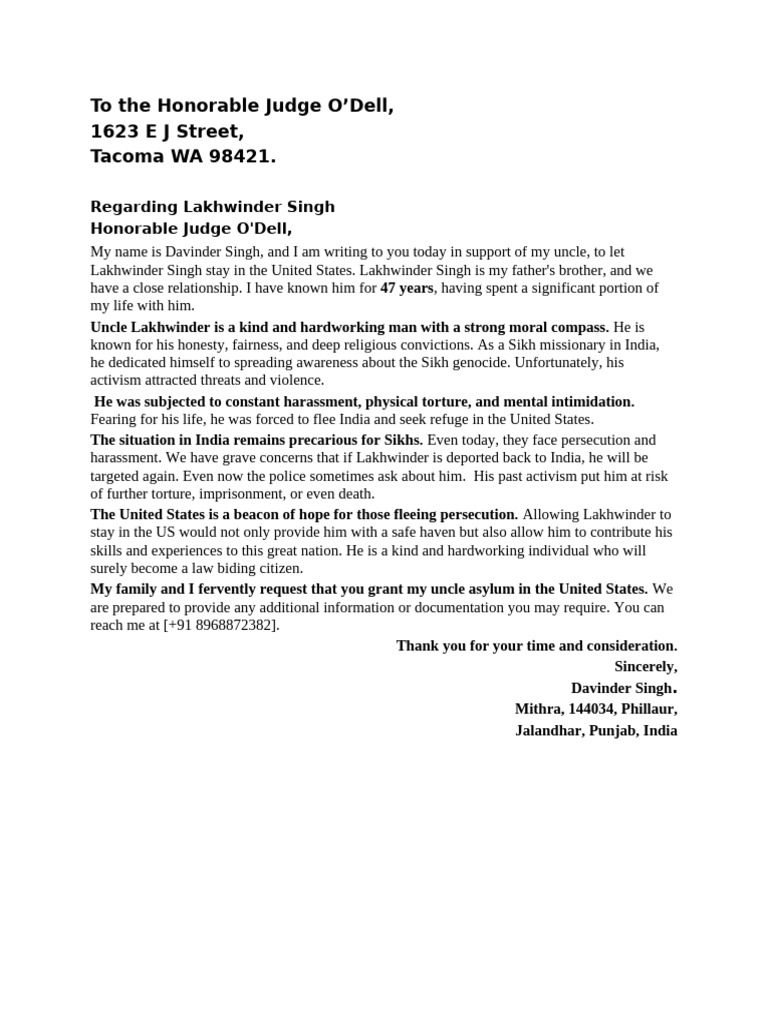 To The Honorable Judge O'Dell, 1623 E J Street, Tacoma WA 98421 | PDF