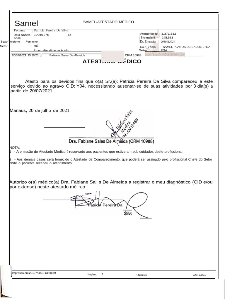 Atestado Médico Patrícia | PDF