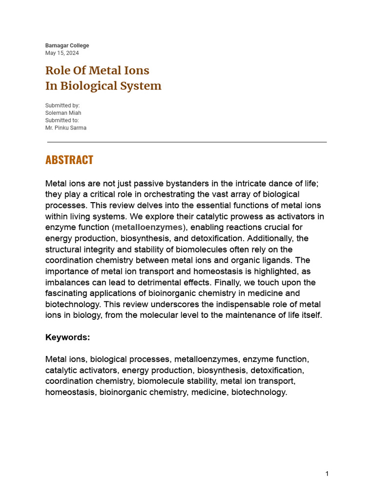 Role of Metal Ions in Biological Systems | PDF | Enzyme | Metabolism