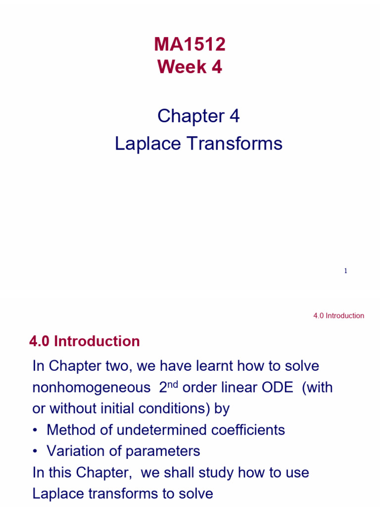 MA1512 Week 4 CH 4 Laplace Transform | PDF