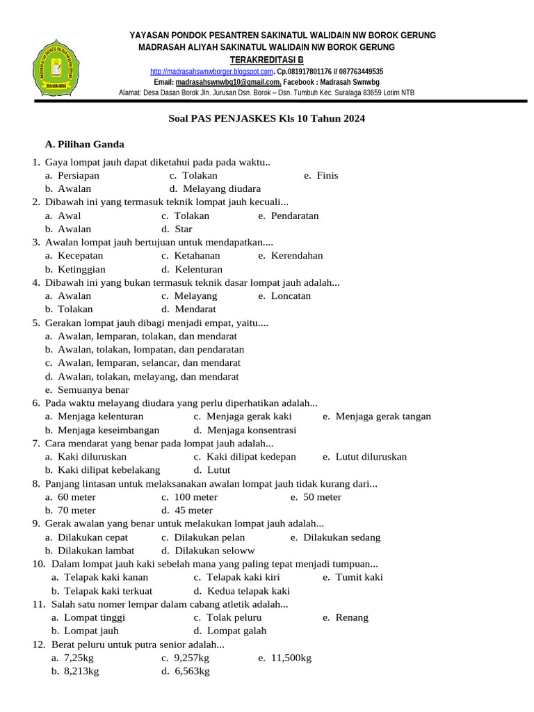 Soal PAS PJOK Kls 10 | PDF