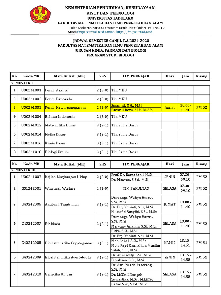 FIX BIOLOGI JADWAL PERKULIAHAN PRODI BIOLOGI SEMESTER GANJIL 2024 - 2025 - REVISI TGL 2 ...
