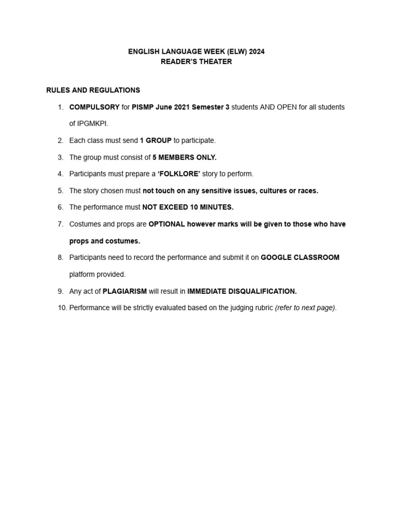 Readers' Theatre Rules and Regulations + Rubric | PDF