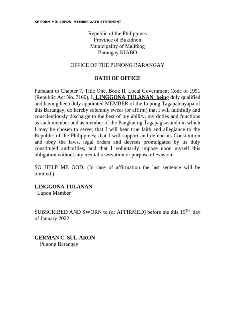 KP Form 5 Lupon Member Oath Statement | PDF