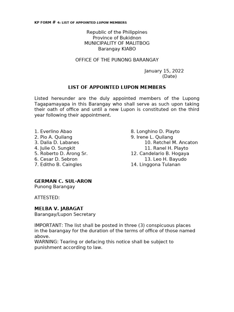 KP Form 4 List of Appointed Lupon Members | PDF