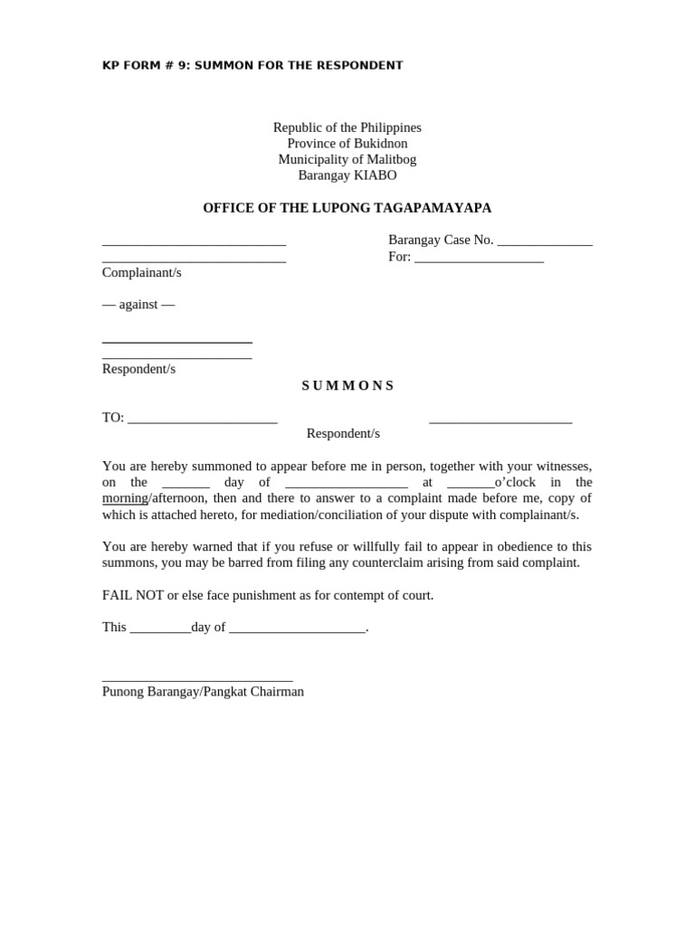 KP Form 9 Summon For The Respondent | PDF