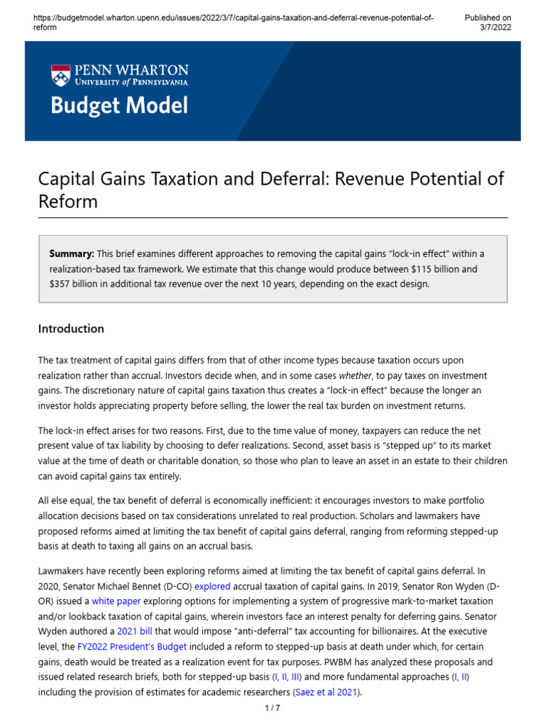 Capital Gains Taxation and Deferral: Revenue Potential of Reform | PDF ...