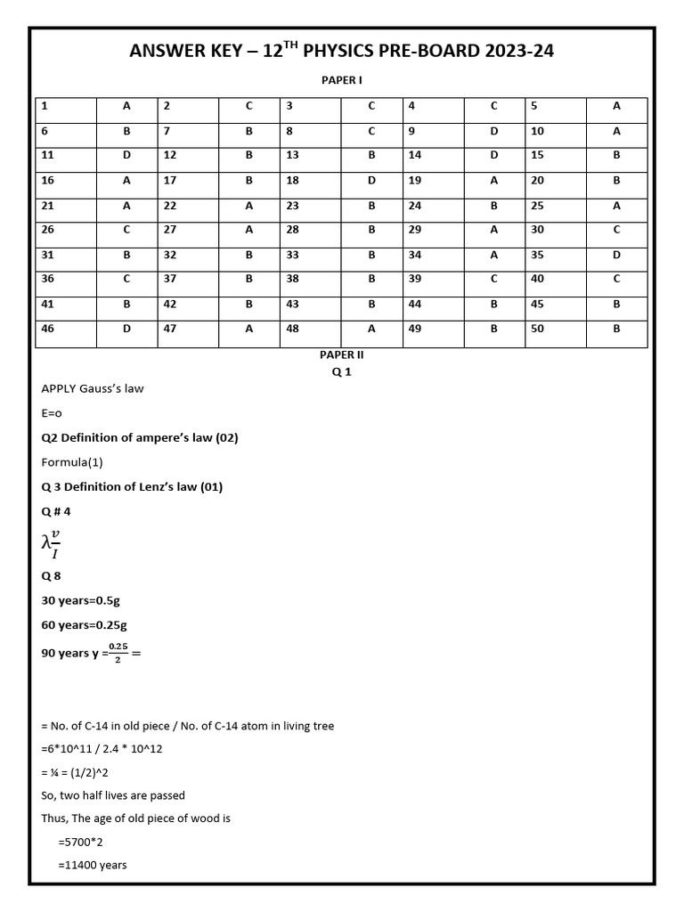 Answer Key - 12th Physics PRE BOARD 2023-24 | PDF