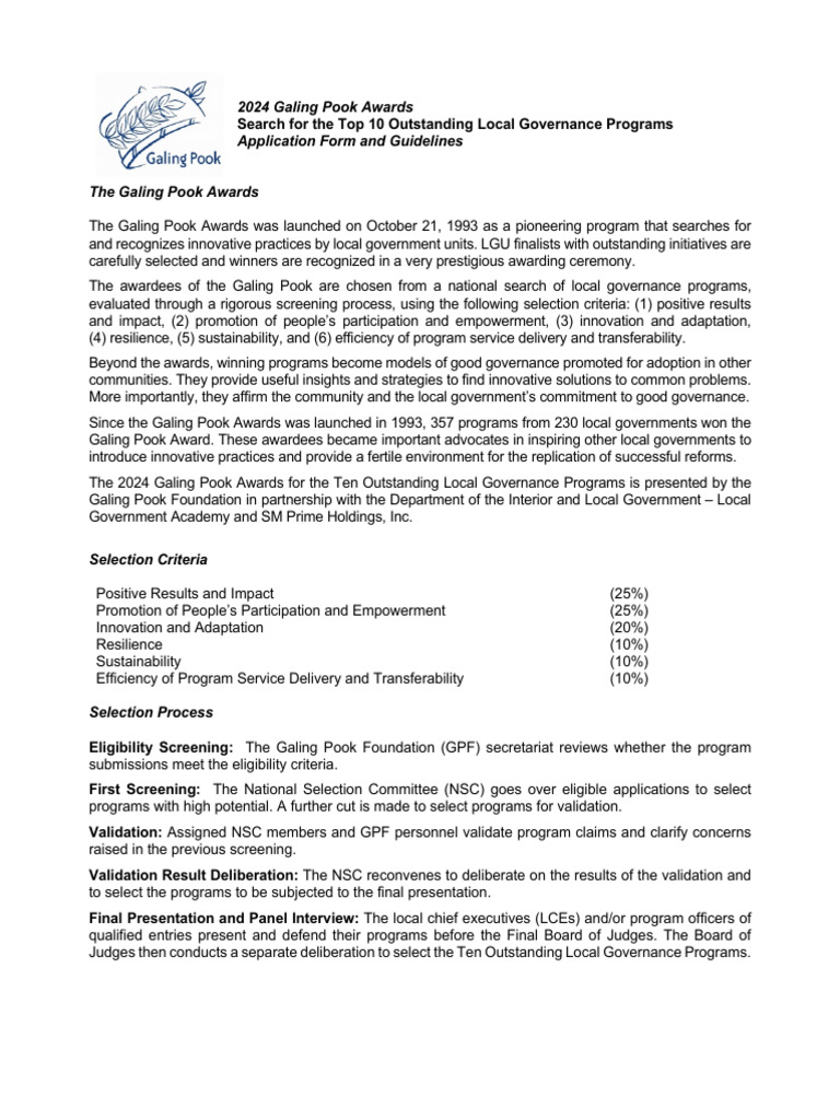 2024 Galing Pook Awards Application Form and Guidelines | PDF