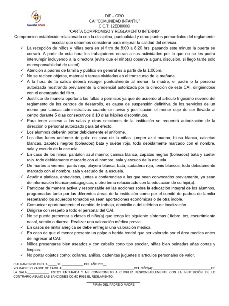 Carta Compromiso y Reglamento Interno | PDF