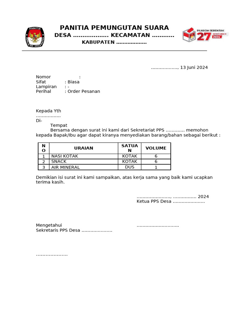 Surar Orderan Pesanan PPS | PDF