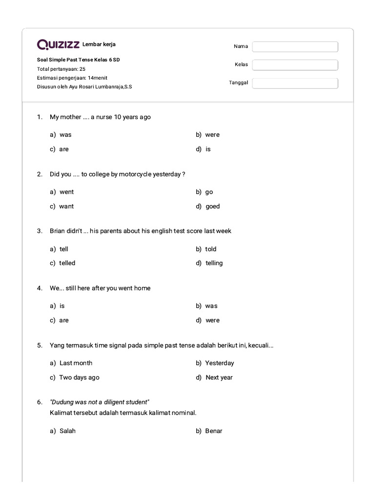 Soal Simple Past Tense Kelas 6 SD - Quizizz | PDF