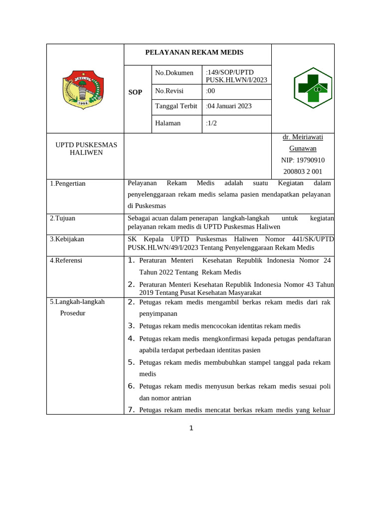 SOP PELAYANAN REKAM MEDIS (Edit) | PDF