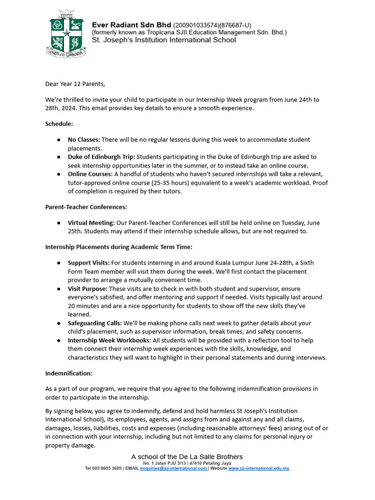 SJIIS Internship Indemnity Letter | PDF