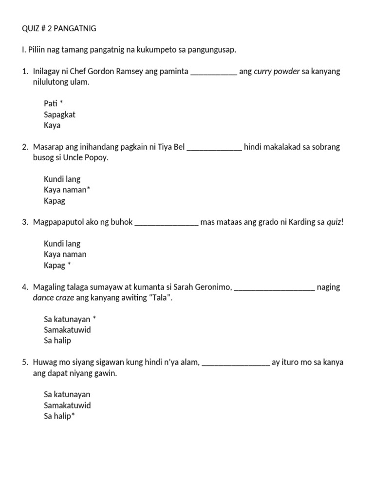 Pangatnig Quiz | PDF
