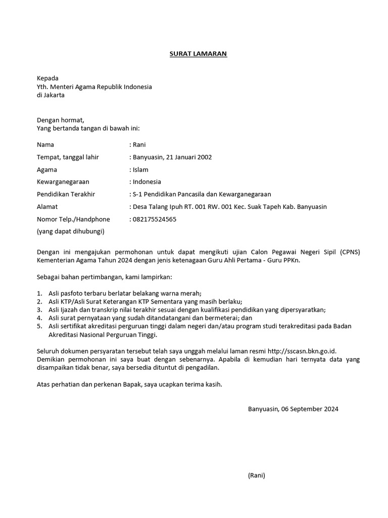 Rani Surat Lamaran Dan Pernyataan Cpns Kemenag 2024 2 | PDF