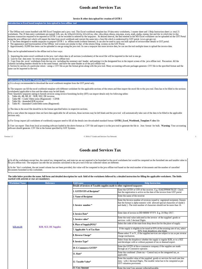 GSTR1 Excel Workbook Template V2.0 | PDF