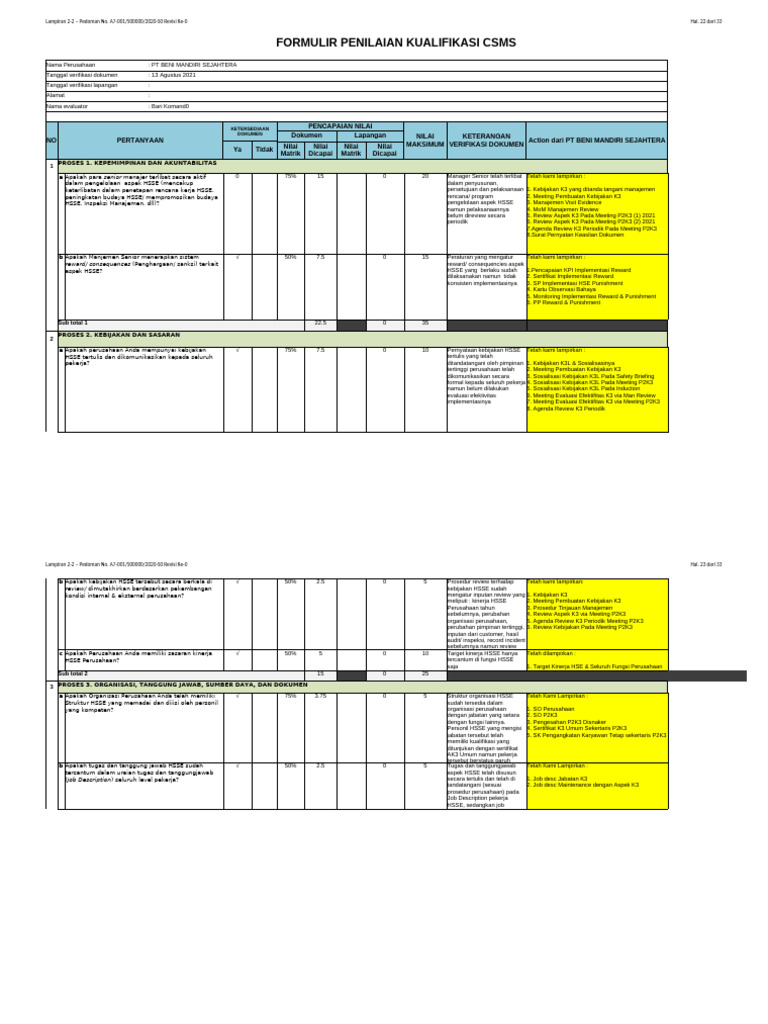 Form Penilaian CSMS PT. BENI MANDIRI SEJAHTERA | PDF