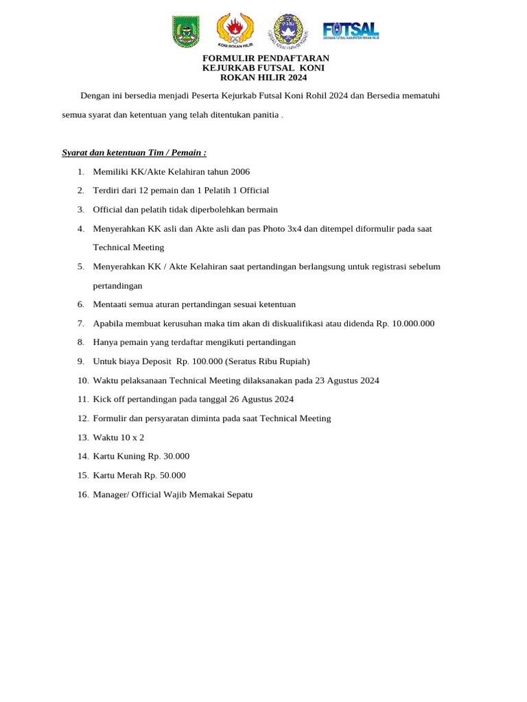 Formulir Pendaftaran Futsal U18 | PDF