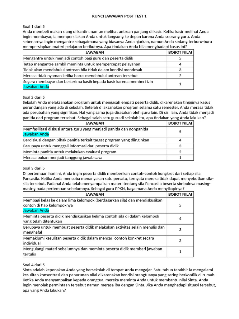 Kunci Jawaban Post Test 1 | PDF