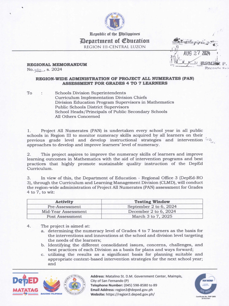 Rm No. 582 s.2024 Region Wide Administration of Project All Numerates ... Rm No. 582 s.2024 Region Wide Administration of Project All Numerates ...