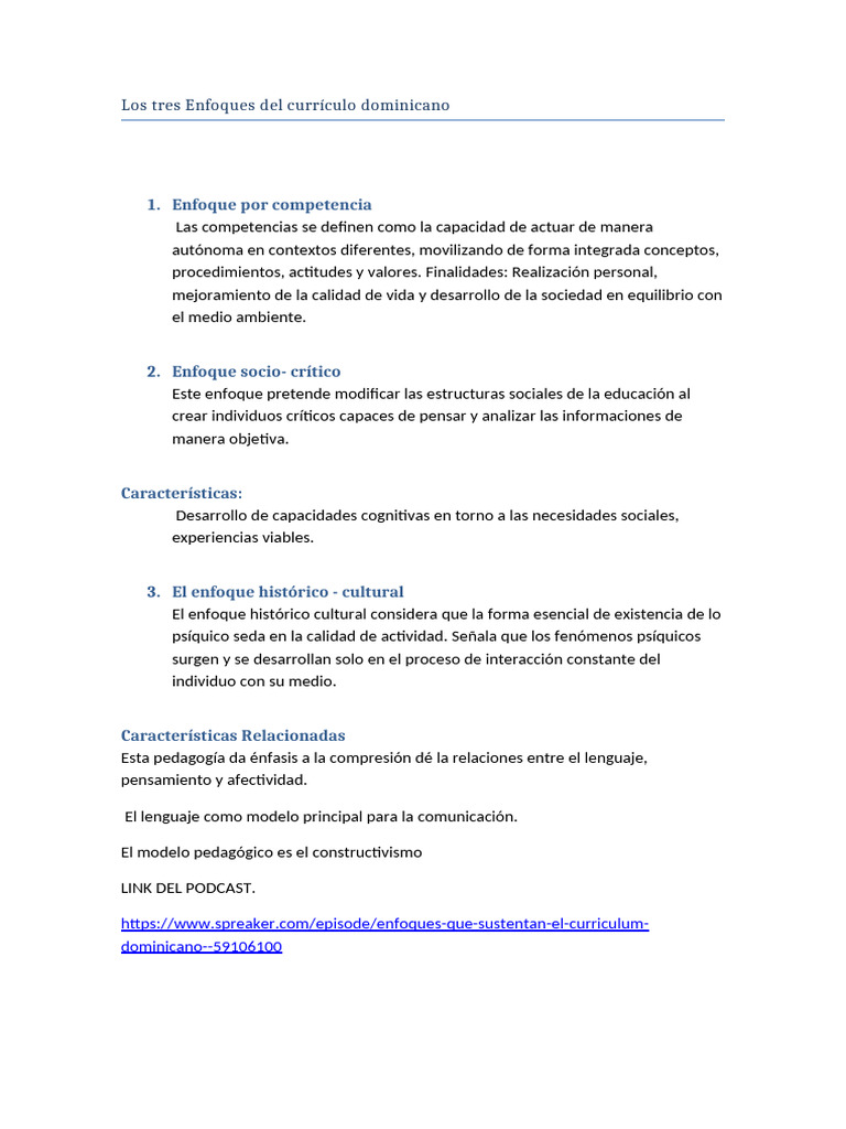 Los Tres Enfoques Del Currículo Dominicano | PDF