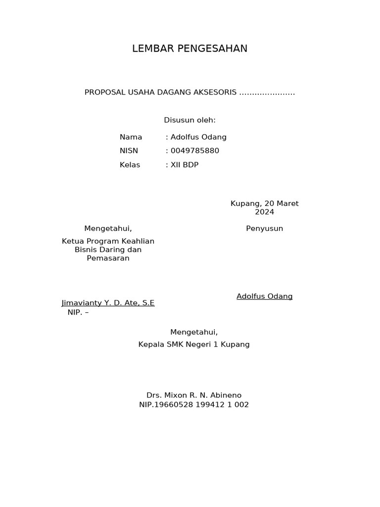 Lembar Pengesahan Proposal Usaha Dagang (LSP 2024) | PDF