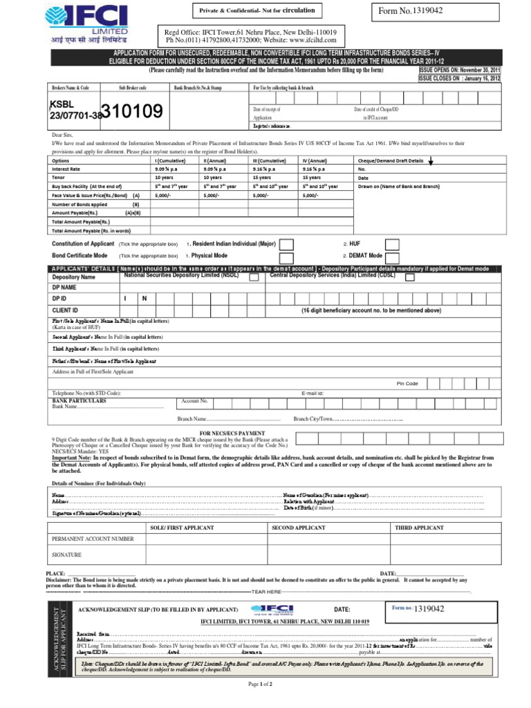 IFCI Long Term Infra Bonds Application Form | PDF | Cheque | Bonds ...