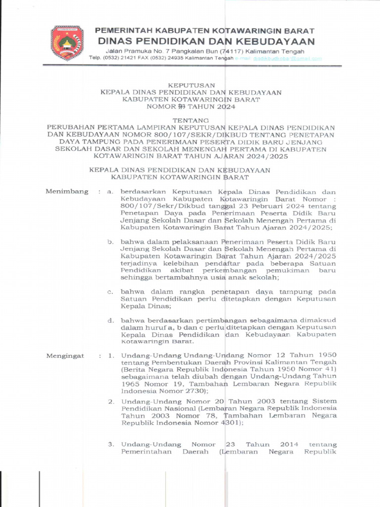 Revisi SK Daya Tampung PPDB Tahun Ajaran 2024-2025 | PDF