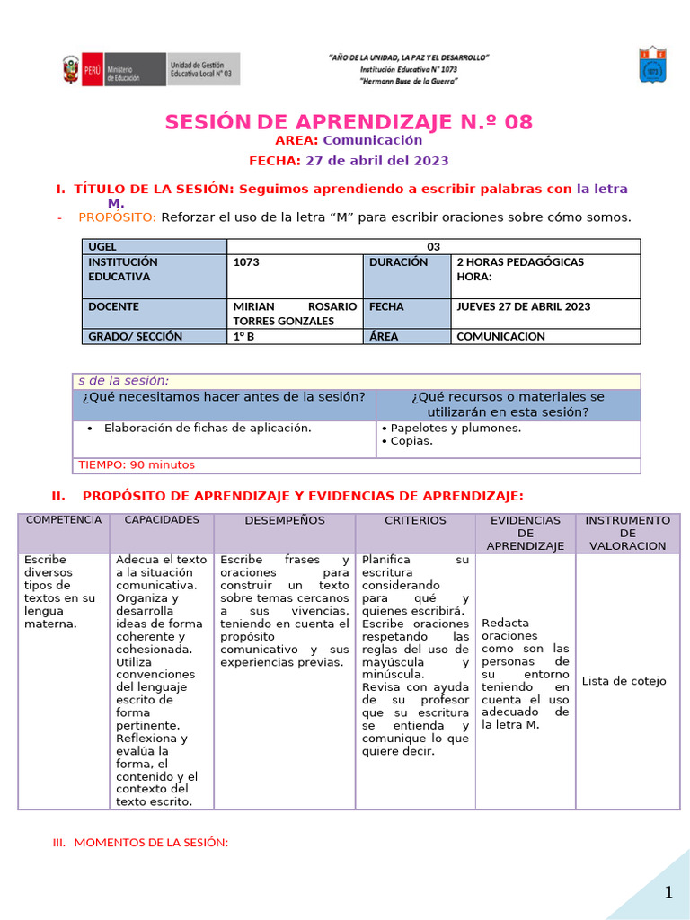 27-04-2023 Sesion 08-1b-Com-Seguimos Aprendiendo A Escribir Con M | PDF