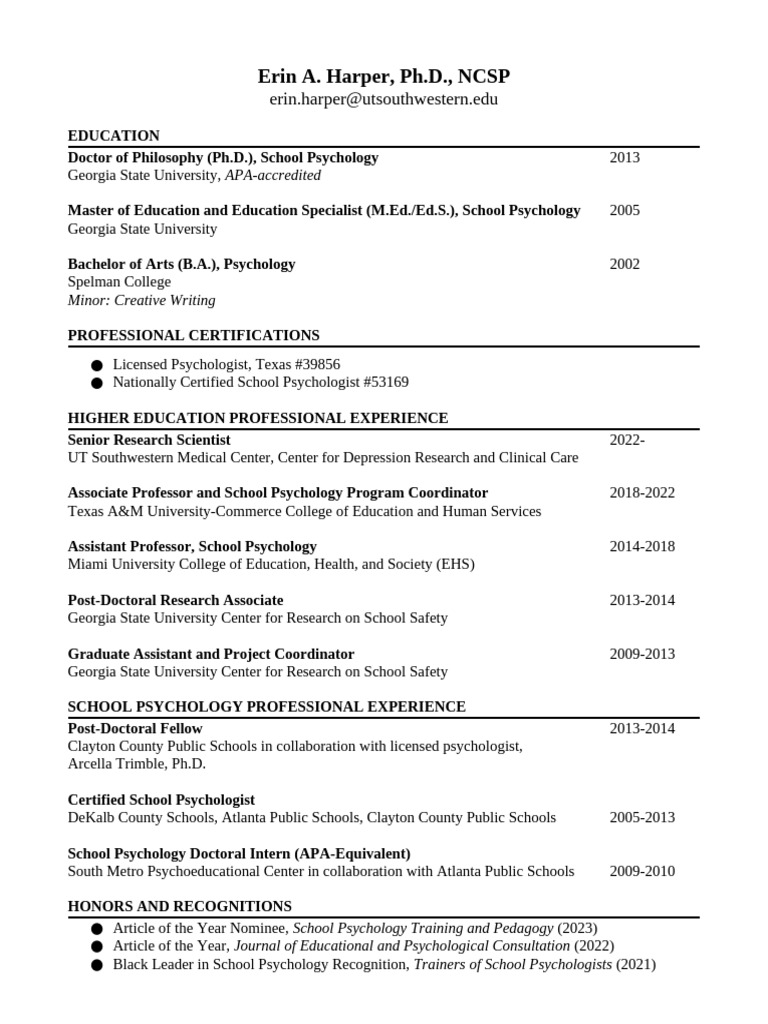 CV September 2024 Erin A. Harper | PDF | School Psychology | Psychology